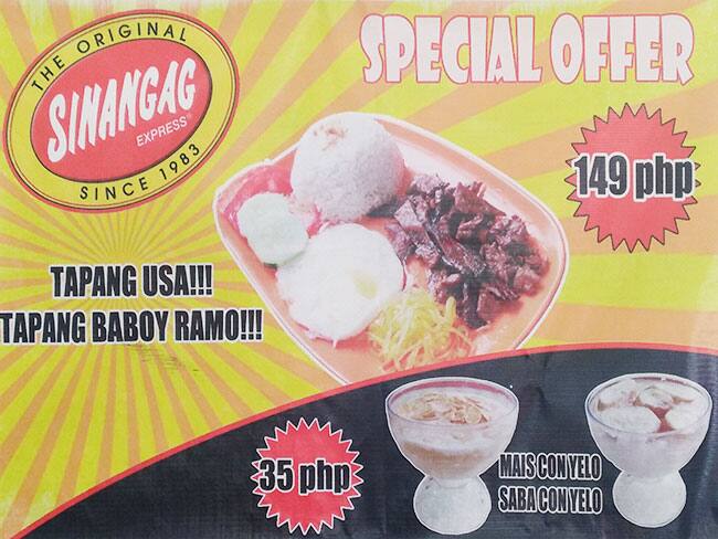 Menu at The Original Sinangag Express restaurant, Makati