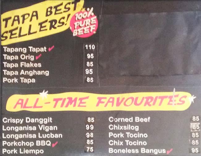 Menu at The Original Sinangag Express restaurant, Makati