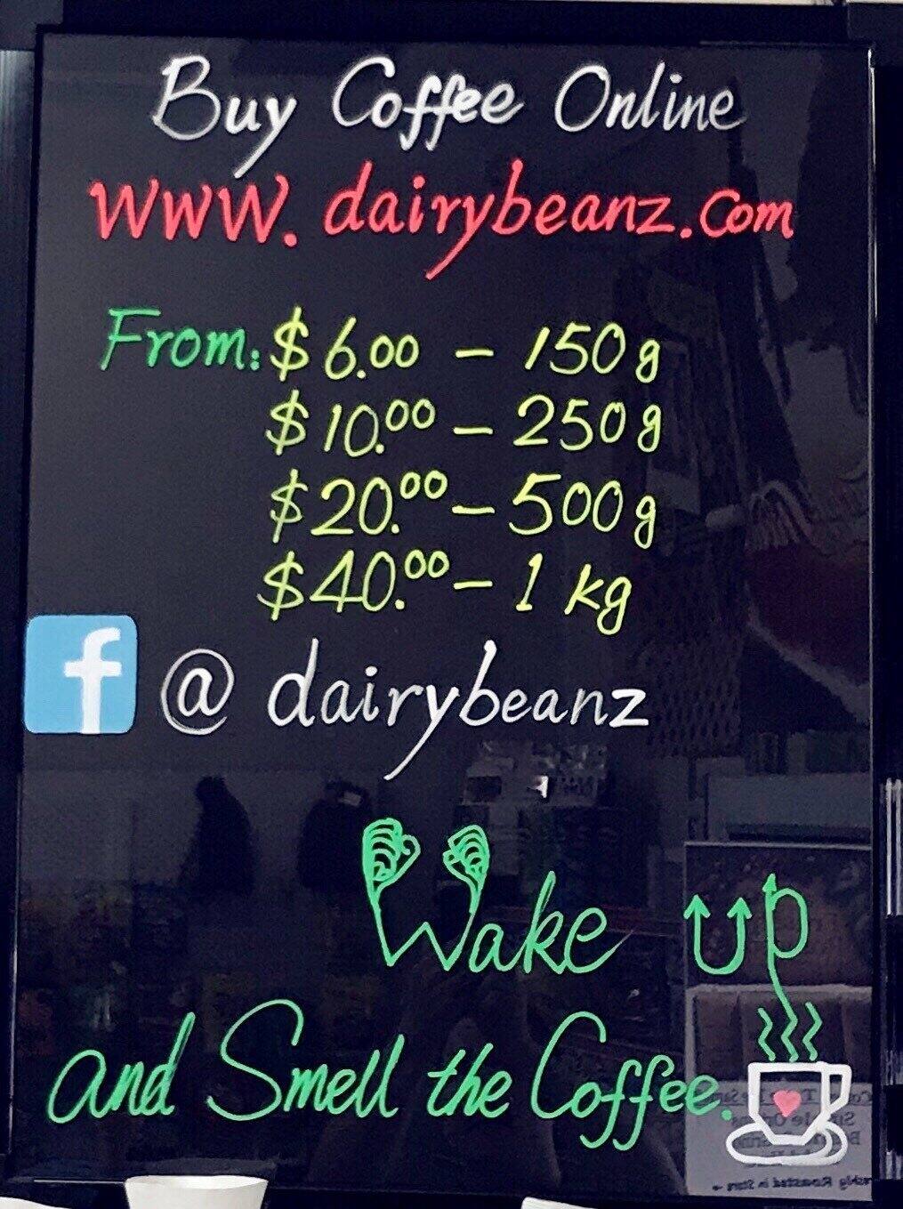 Carta del café Dairy Beanz Coffee Roasters, Pukekohe