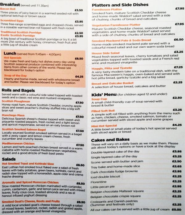 Menu at Scottish Storytelling Centre cafe, Edinburgh