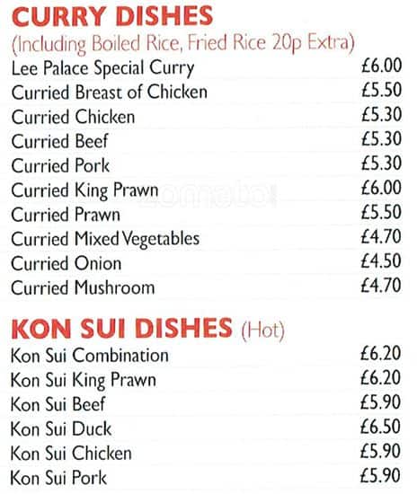 Menu at Lee Palace restaurant, Glasgow