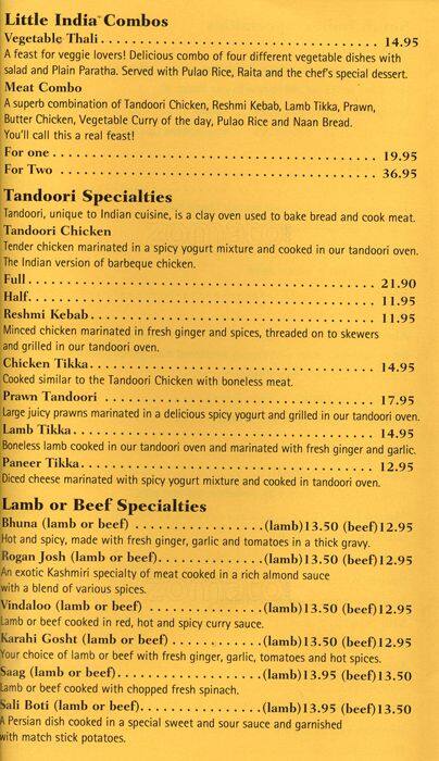 Menu at Little India Restaurant, Toronto
