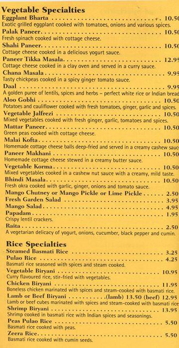 Menu at Little India Restaurant, Toronto