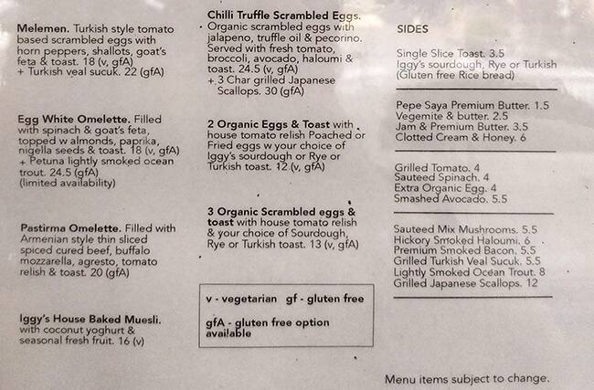 Menu at Rustic Pearl cafe, Surry Hills