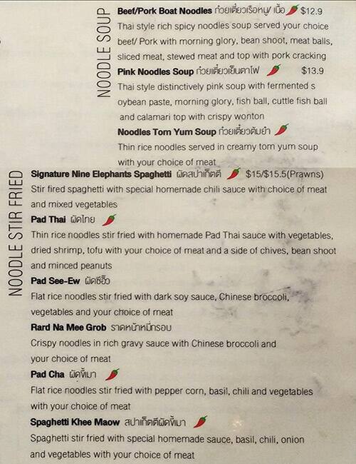 Menu at Nine Elephants Thai Restaurant, Docklands