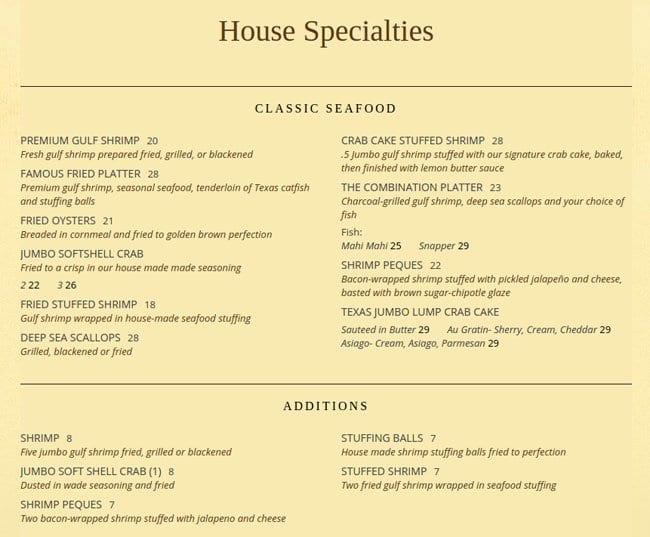 Menu at Gaido's desserts, Galveston