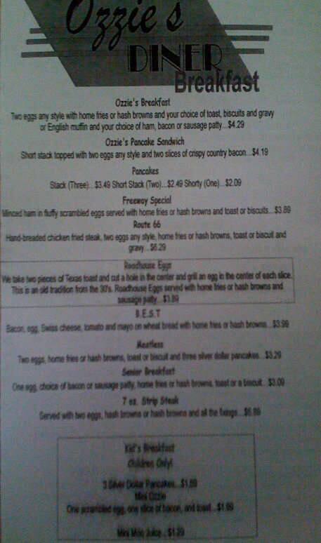 Menu at Ozzie's Diner restaurant, Norman