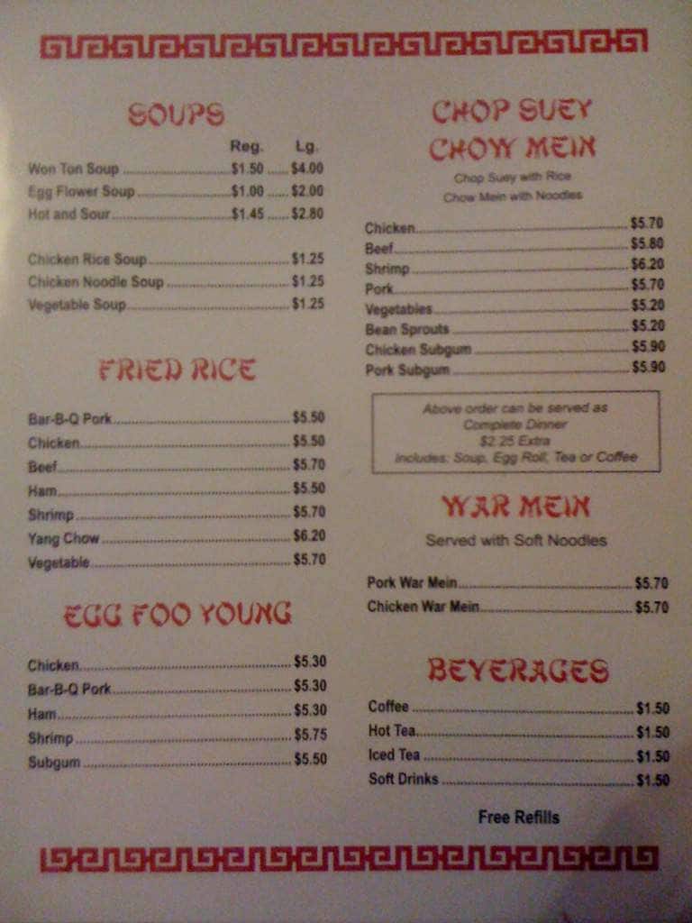 Menu at Mandarin Chinese restaurant, Oklahoma City