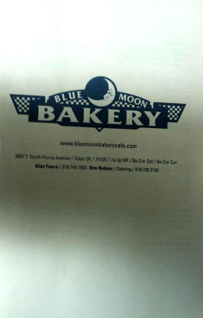 Menu at Blue Moon Café restaurant, Tulsa