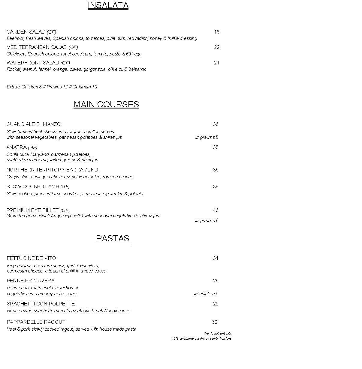 Menu at De Vito Waterfront restaurant, Southport, 2 Barney St