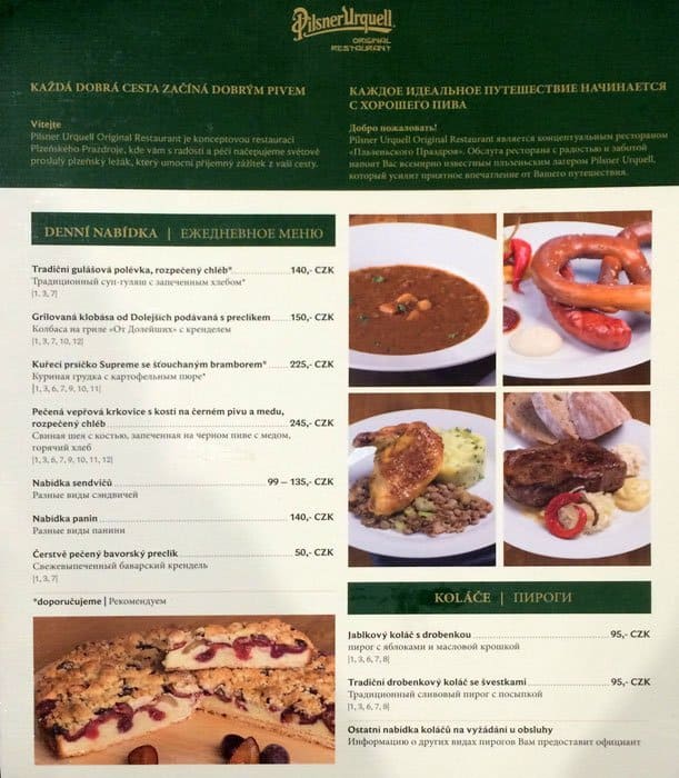Menu at Pilsner Urquell Original Restaurant T2-C, Prague