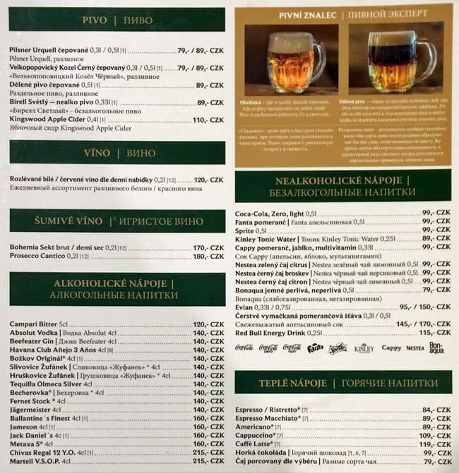Menu at Pilsner Urquell Original Restaurant T2-C, Prague