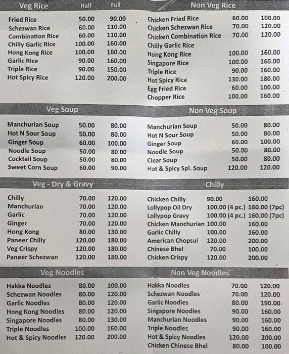 Menu of Karim Chinese Corner, Worli, Mumbai