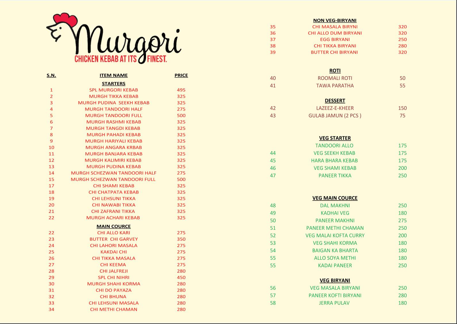 Menu of Murgori, Dadar Shivaji Park, Mumbai