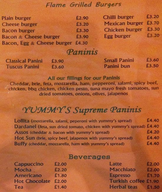 Menu at Cafe Yummy, Edinburgh, 12a Montagu Terrace