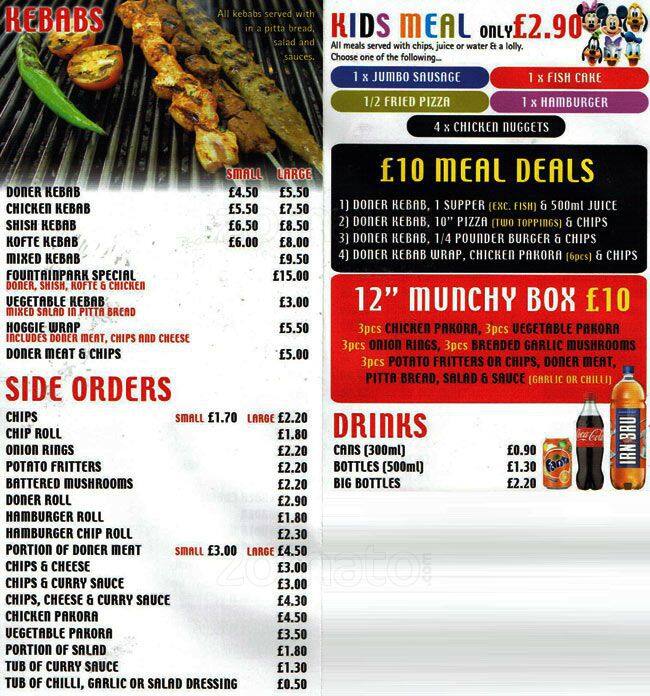 Menu at Fountainpark Fry fast food, Edinburgh