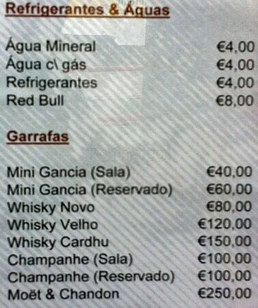 Menu at Fantasy Bar, Lisbon, Rua Doutor Armindo Monteiro