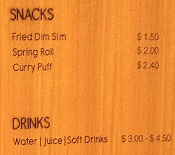 Menu at Lee's Malaysian Since 1982 restaurant, Sydney