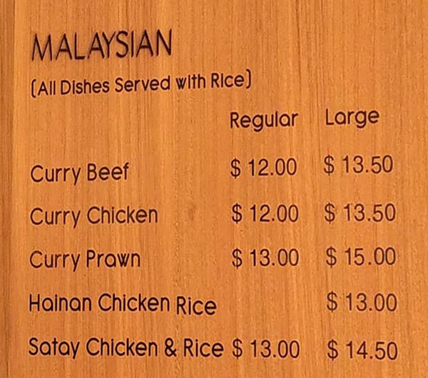 Menu at Lee's Malaysian Since 1982 restaurant, Sydney