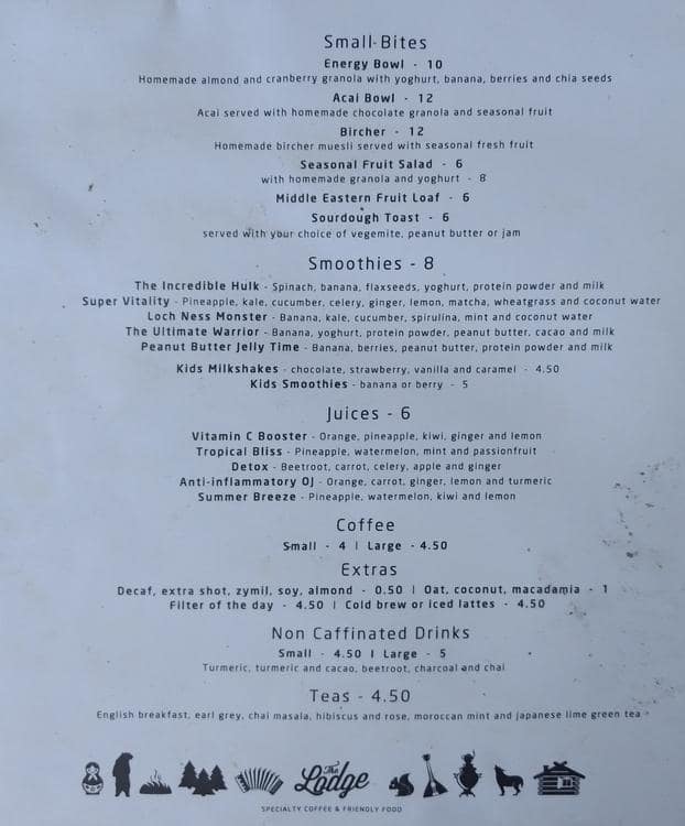 Menu at The Lodge cafe, The Gap