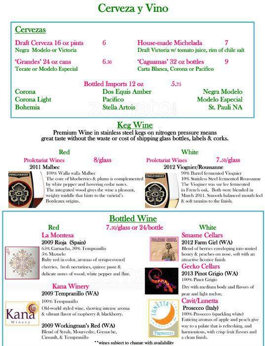 Menu at Agua Verde Cafe, Seattle