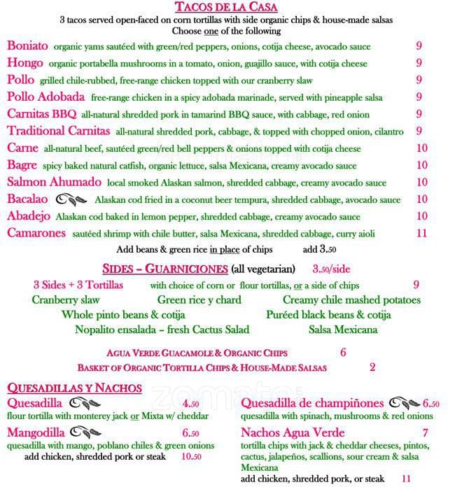 Menu at Agua Verde Cafe, Seattle