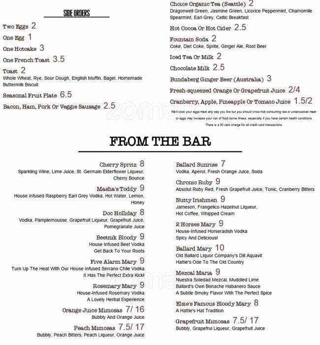 Menu at Hattie's Hat Restaurant, Seattle, Ballard Ave NW