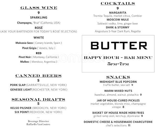 Menu at Butter restaurant, West New York, 70 W 45th St