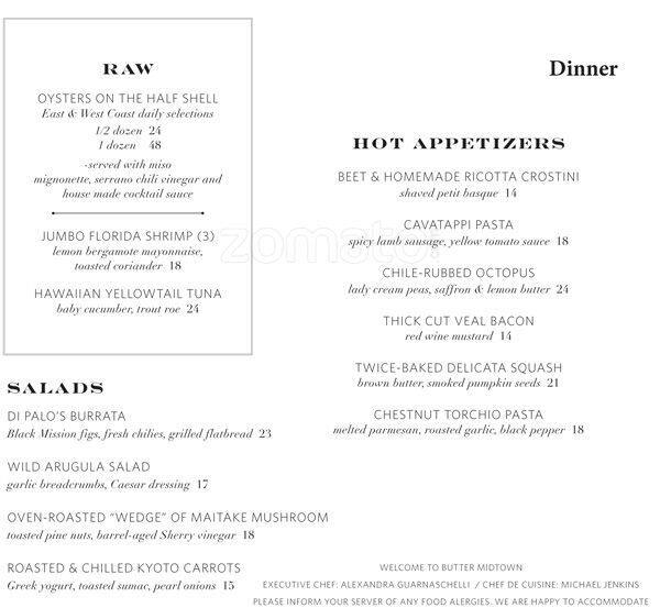 Menu at Butter restaurant, West New York, 70 W 45th St