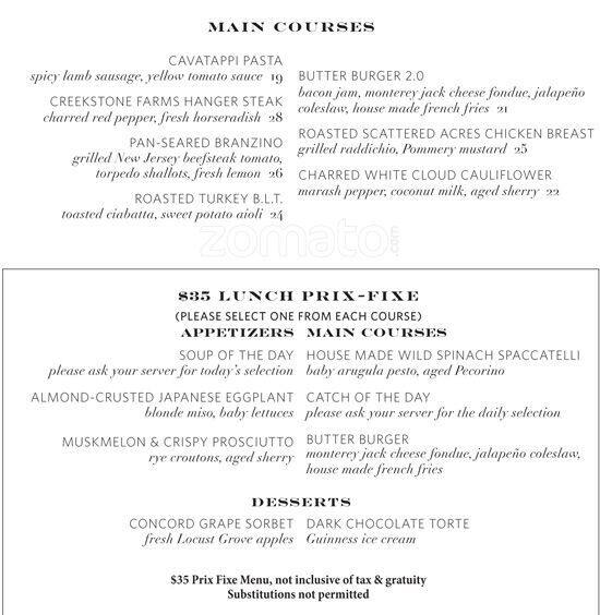 Menu at Butter restaurant, West New York, 70 W 45th St