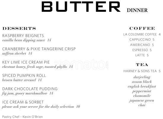Menu at Butter restaurant, West New York, 70 W 45th St