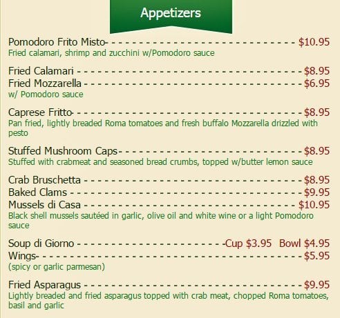 Pomodoro's Cucina Italiana Menu - Urbanspoon/Zomato