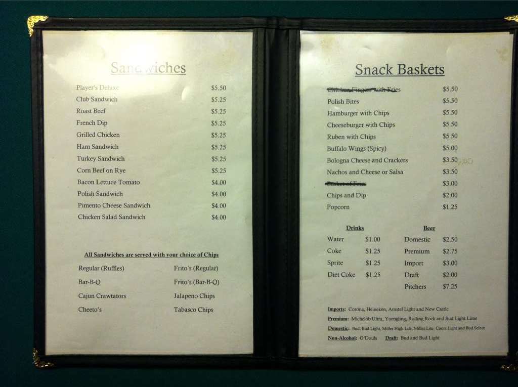 Menu at Players Inn pub & bar, Nashville, Old Harding Pike Suite B