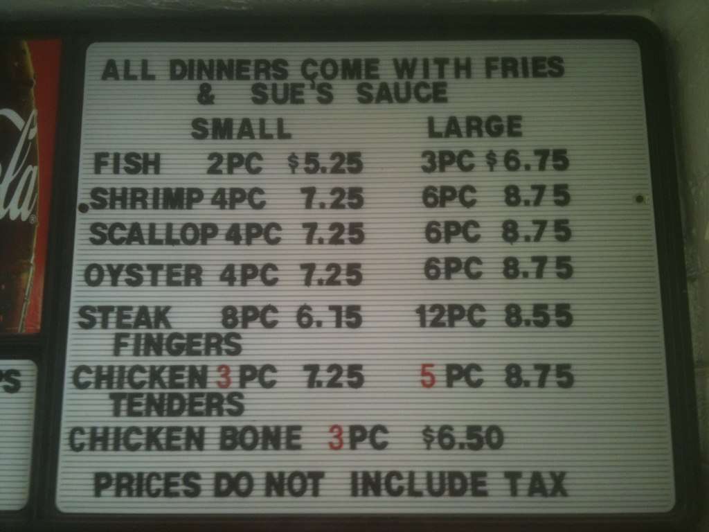 Menu at Sue's Fish & Chips restaurant, Tucson