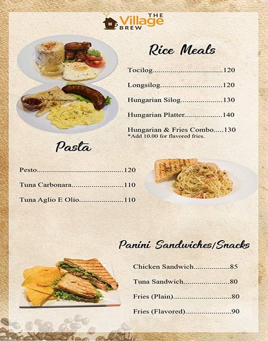 Menu at The Village Brew cafe, Quezon City
