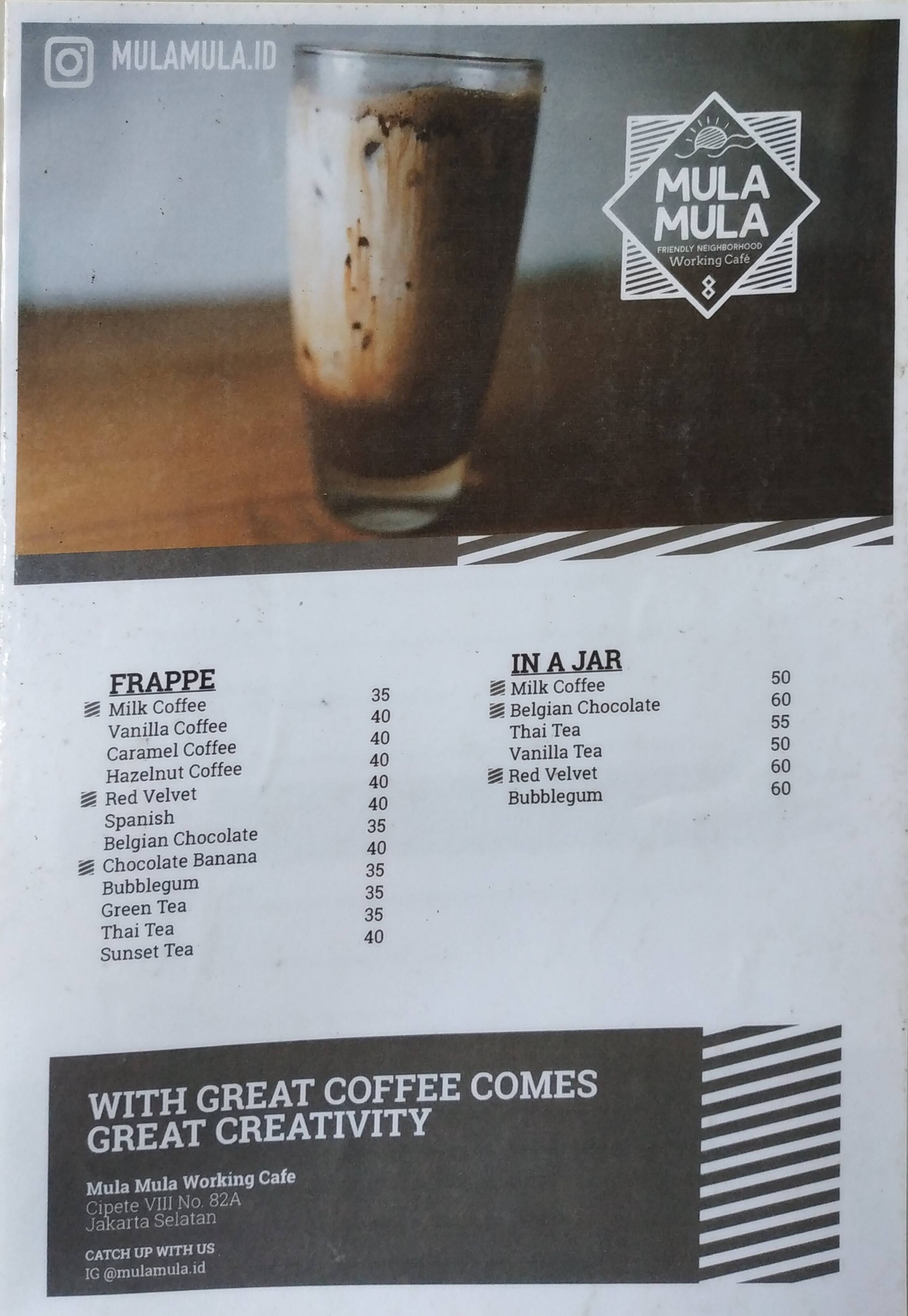Menu at Mula-Mula Working Cafe, South Jakarta