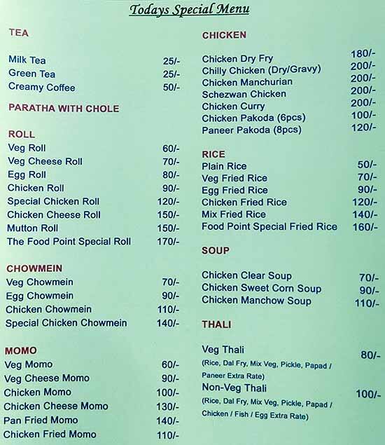 Menu at The food point, Guwahati, 2nd Floor