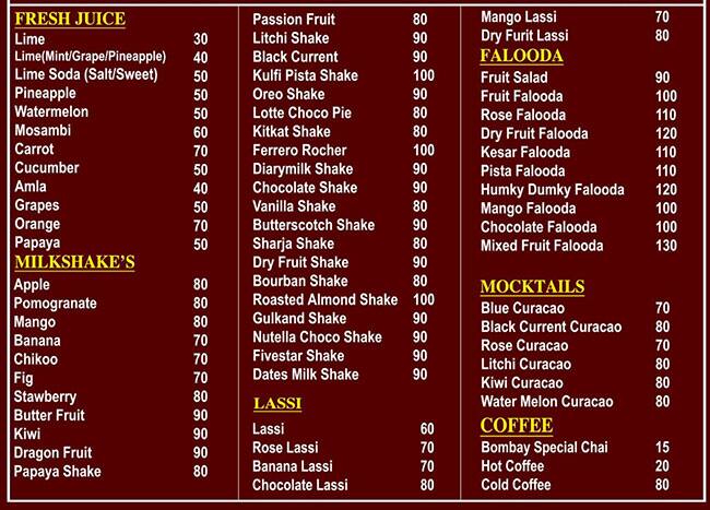 Menu of Bombay Chat House, Vepery, Chennai
