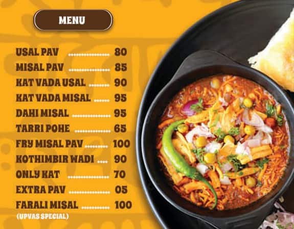 Menu of Raj Mudra Misal, Malad West, Mumbai