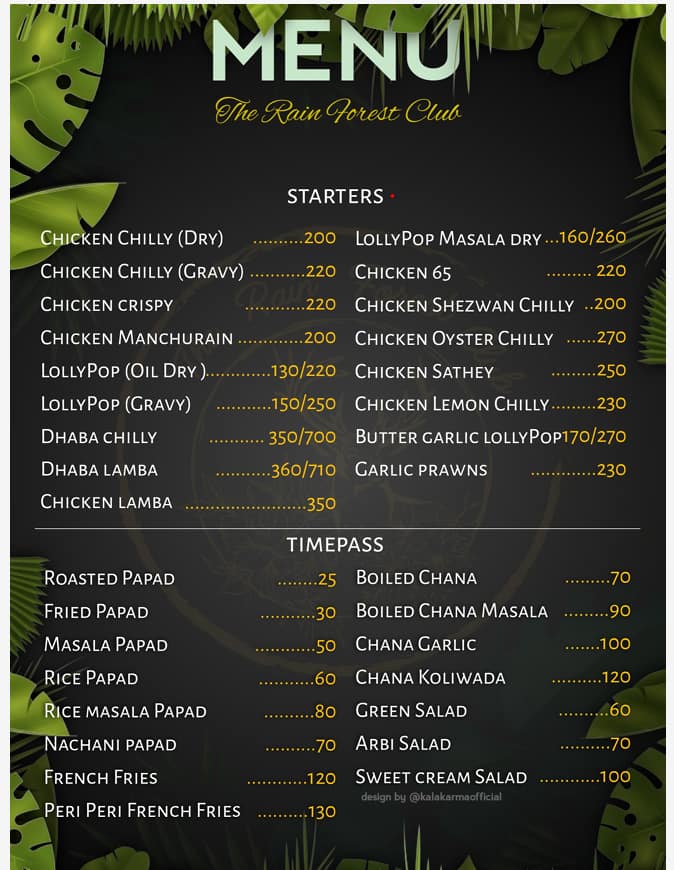 Menu of The Rain Forest Club, Kalyan, Thane