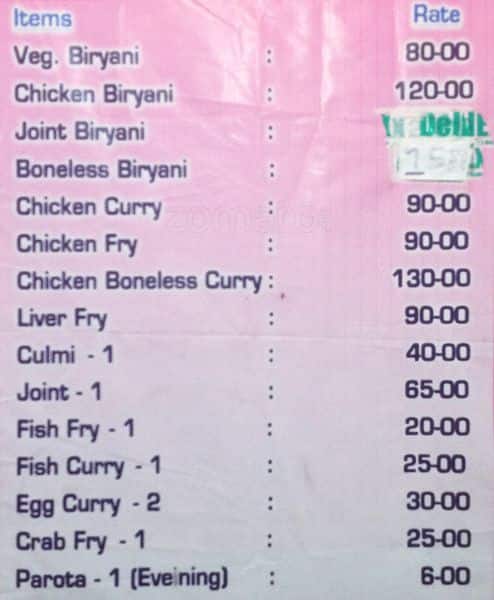 Menu at Welcome Curry Point, Visakhapatnam