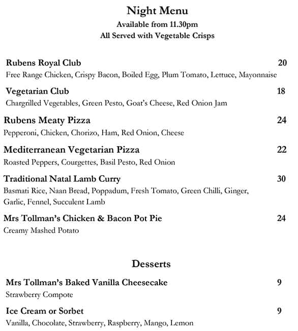 Menu at The Rubens at the Palace cafe, London