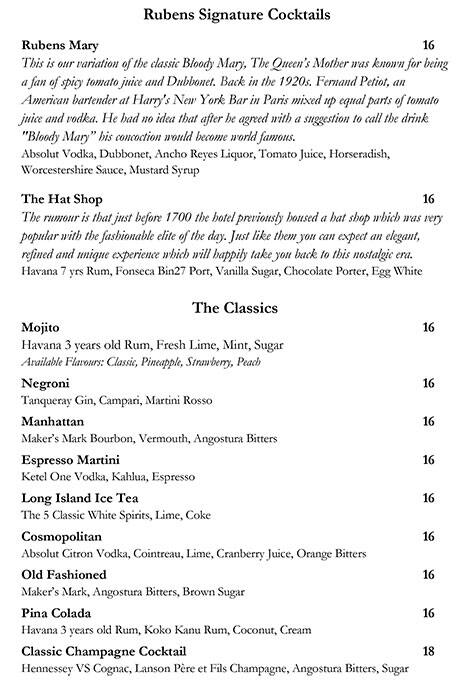 Menu at The Rubens at the Palace restaurant, London