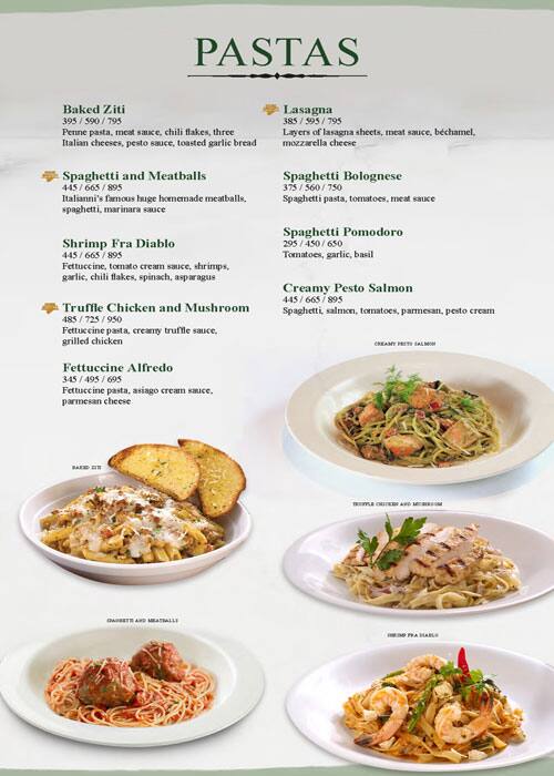 Menu at Italianni's restaurant, Pasay