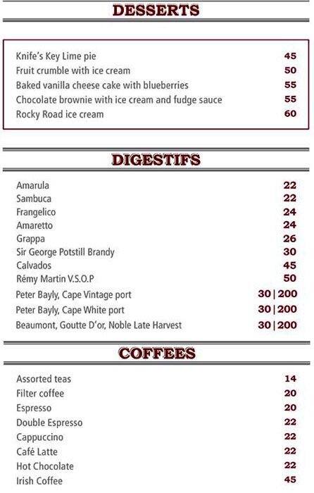 Menu at Knife - Crystal Towers restaurant, Cape Town