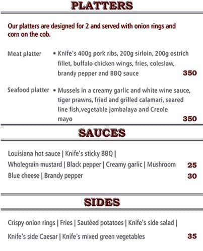 Menu at Knife - Crystal Towers restaurant, Cape Town