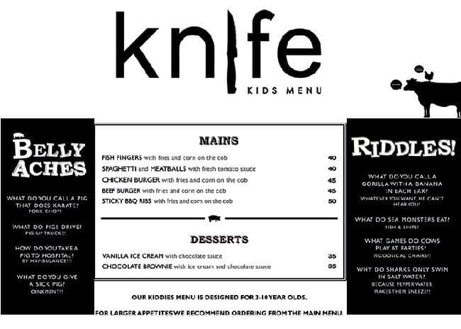 Menu at Knife - Crystal Towers restaurant, Cape Town