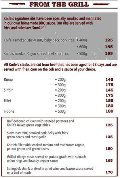 Menu at Knife - Crystal Towers restaurant, Cape Town