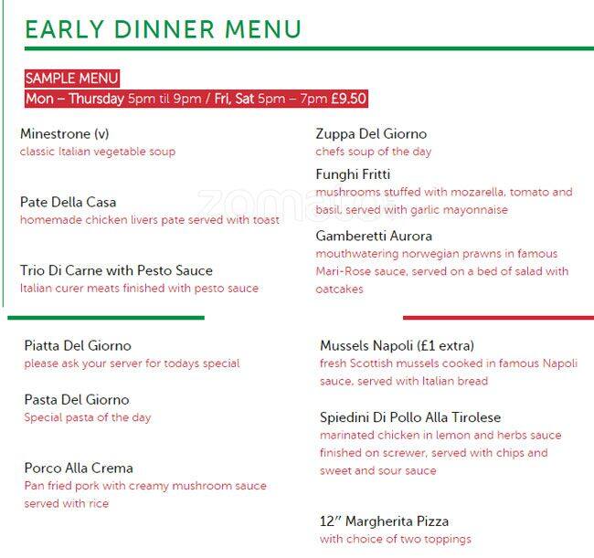 Menu at Bella Vita restaurant, Glasgow, 597 Mosspark Blvd