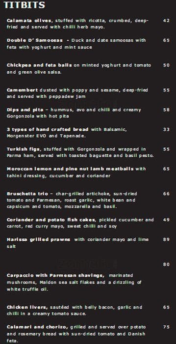 Menu at Cafe 1999., Durban, Shop 2